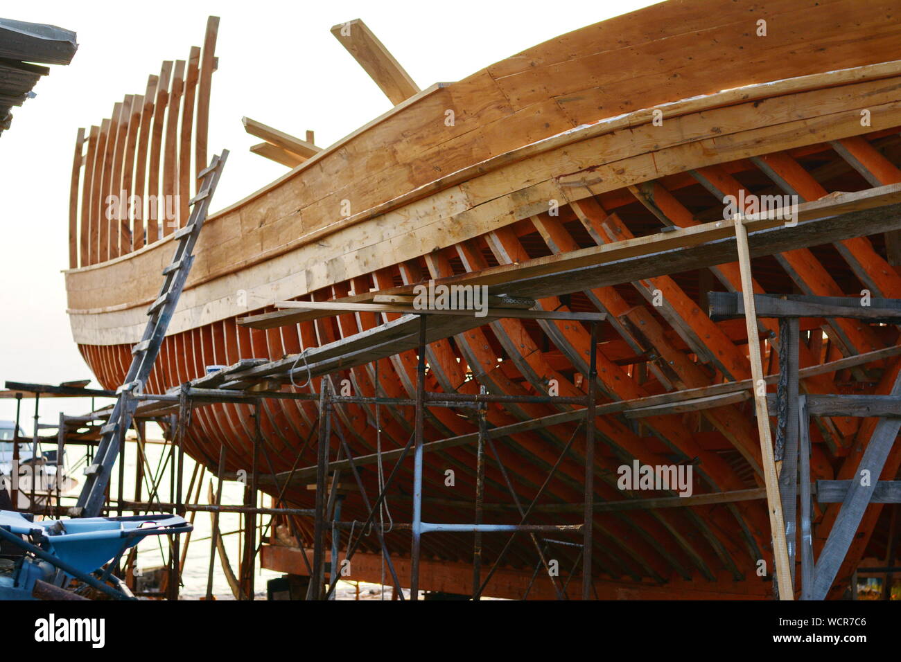 Construction of a ship in Ierissos, Greece. Little shipyard of wooden ...