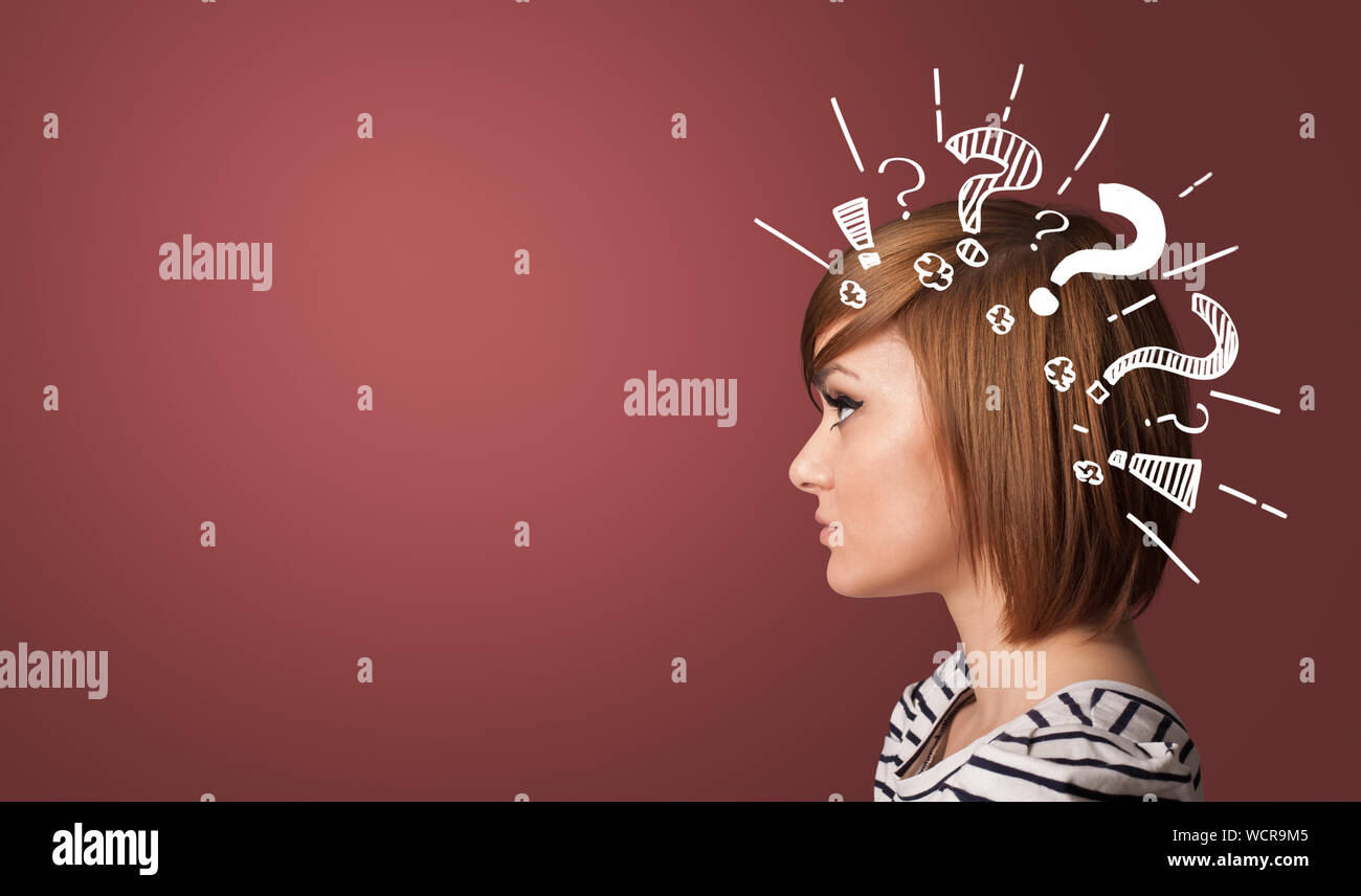 Head with white question marks, and copy space Stock Photo - Alamy