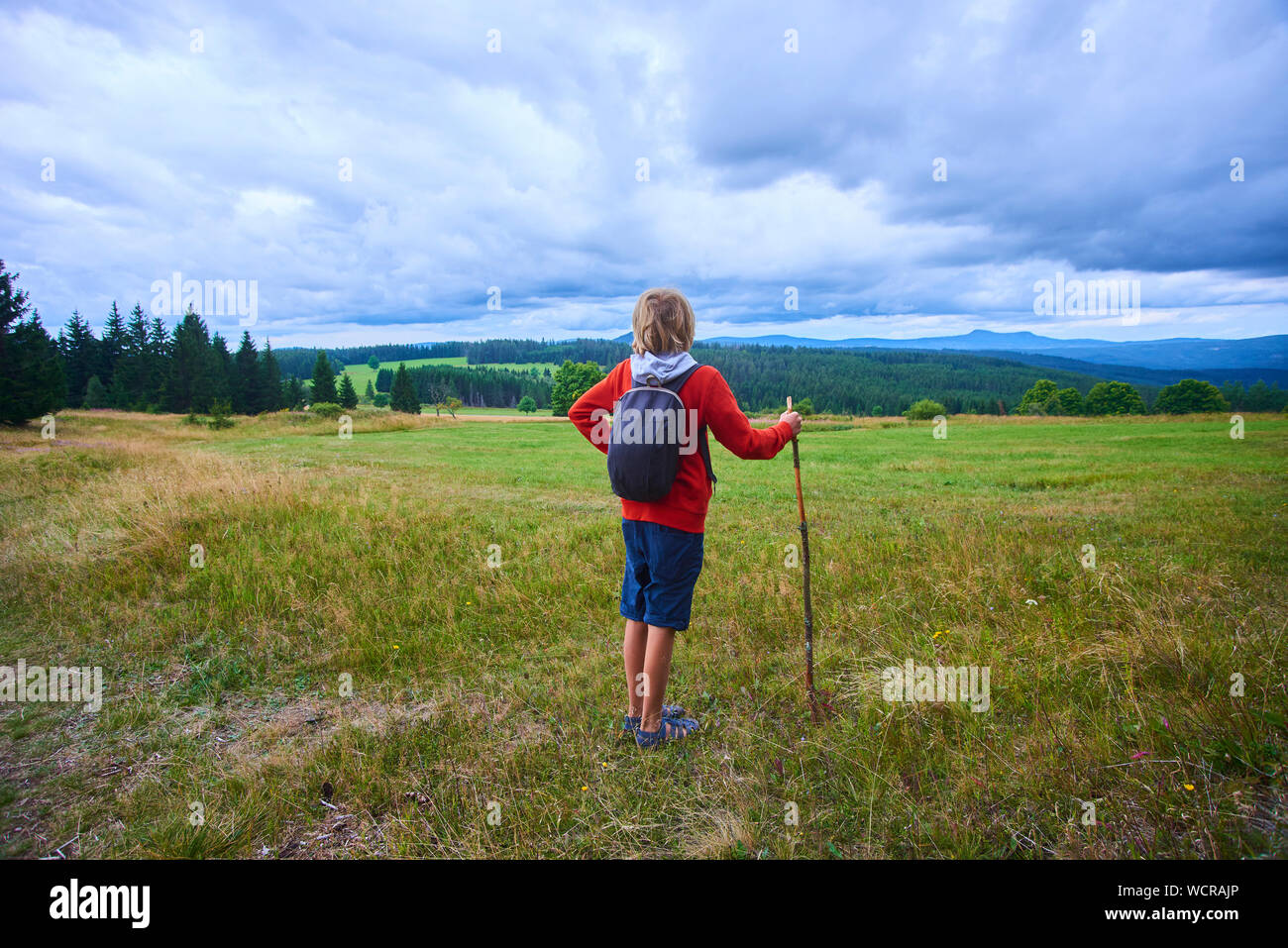 Child boy with hiker backpack and stick traveling alone up path through ...