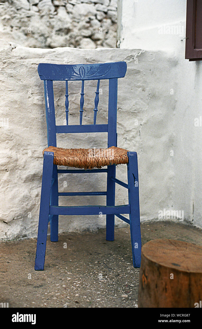 Traditional Greek wooden rush-seated cafe chair, Panaya, Thassos ...