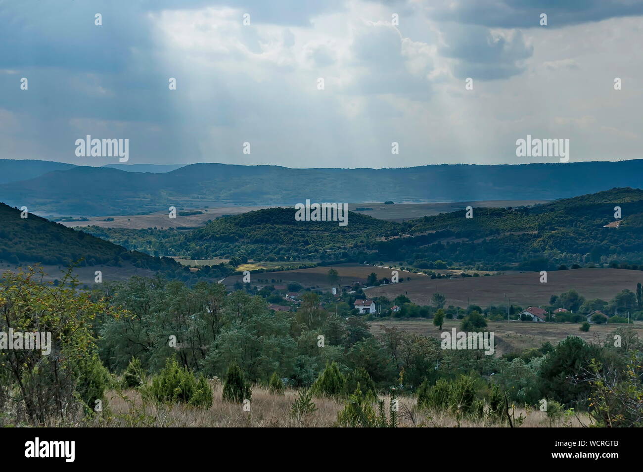 Amazing autumn view of glade, field, peak, deciduous forest, trees and ...