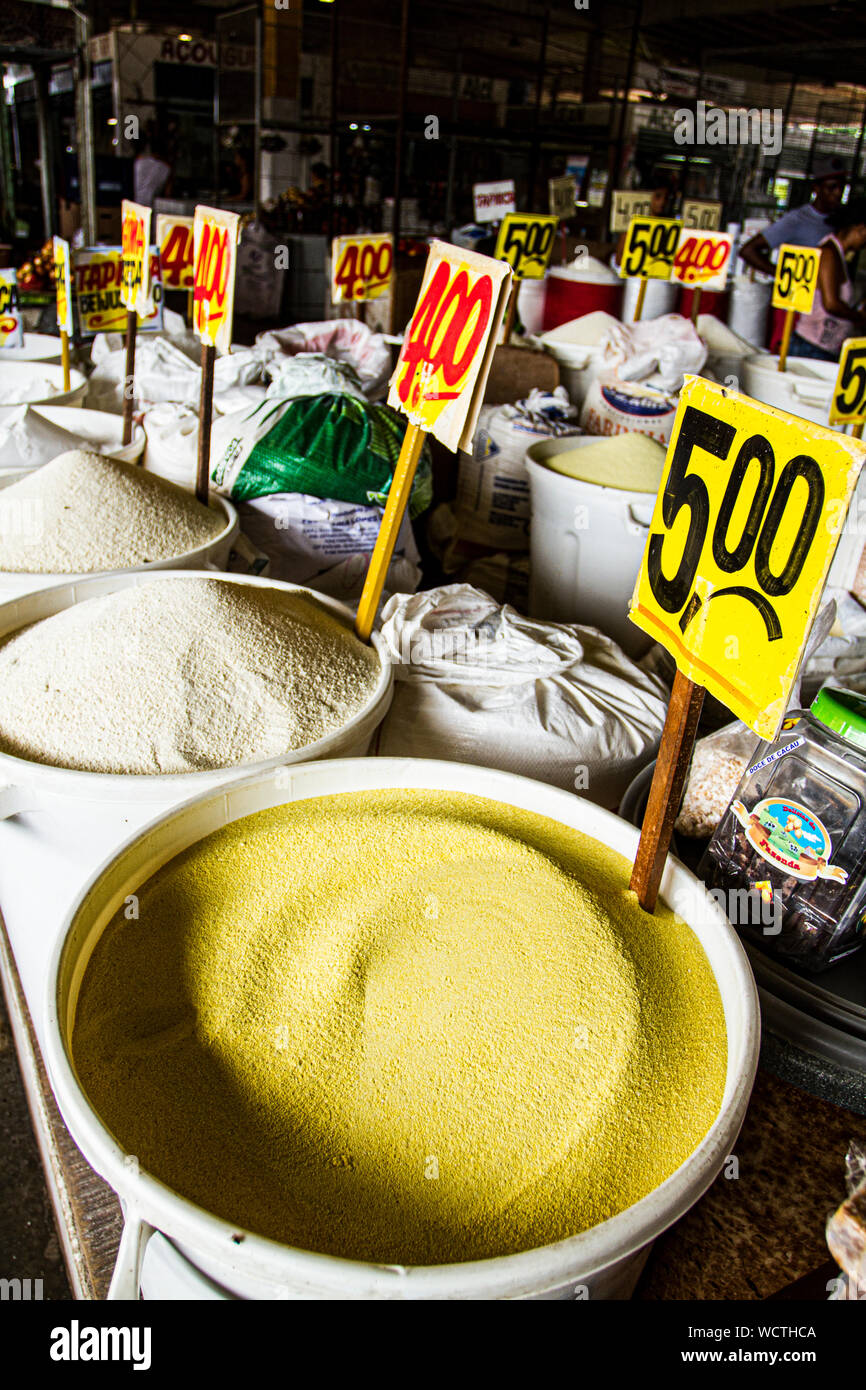 Different kinds of flour for sale at a public market known as Feira do ...