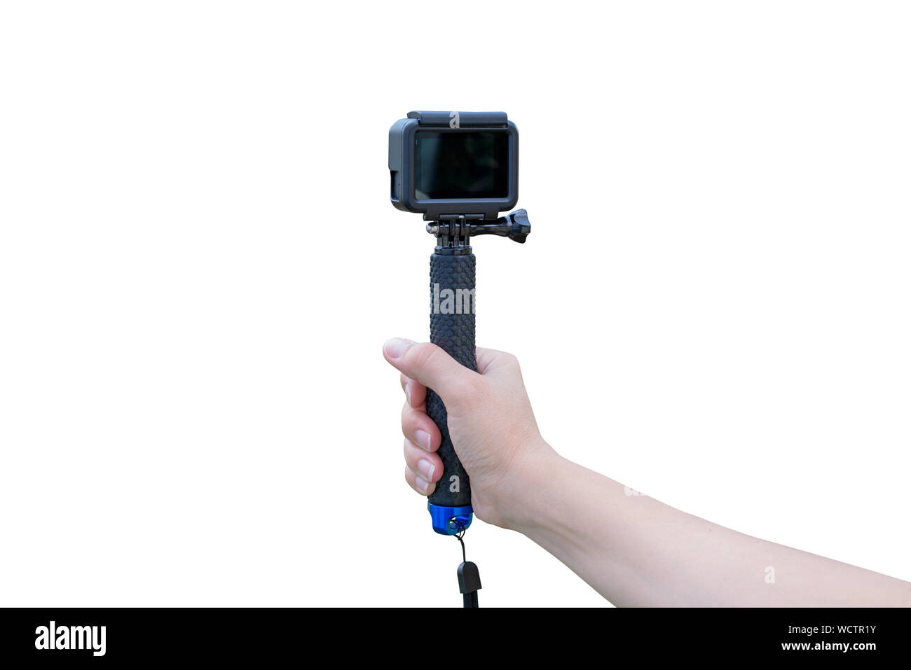 Isolated action camera on stich in hand. Blank screen for mockup Stock ...