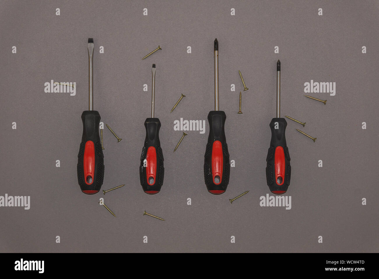 Red handle screwdrivers with screws on a grey background Stock Photo ...