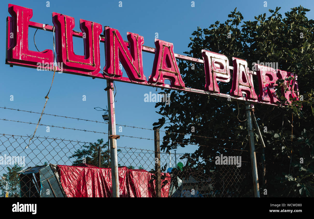Illuminated sign "LUNA PARK" of an old abandoned amusement park "Luna ...