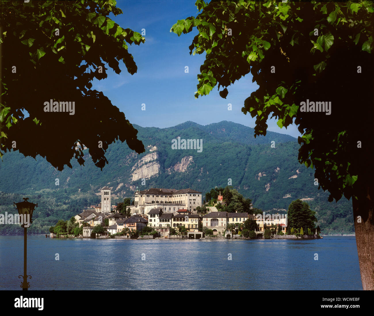 Italy. Orta Lake, view of Orta San Giulio island from the Sacro Monte ...