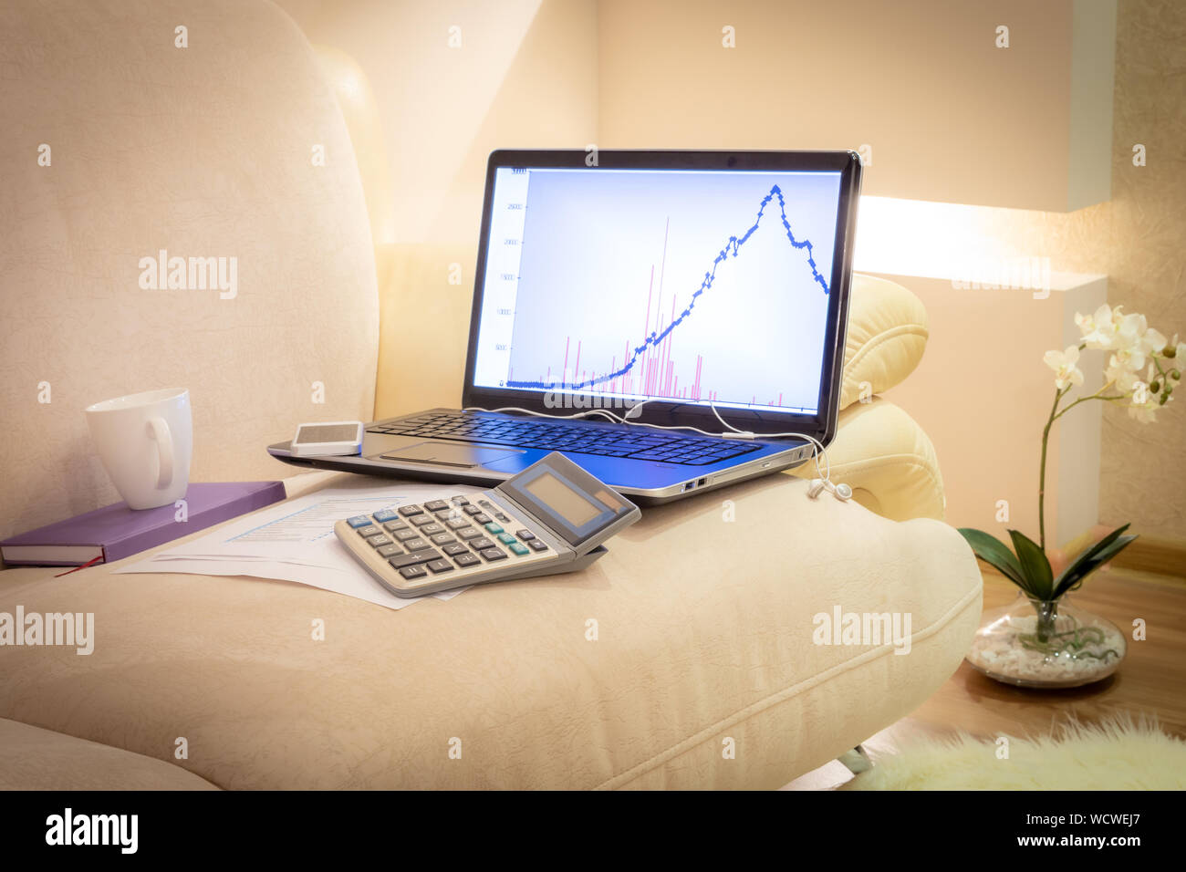 Interior with a laptop computer in living room. freelance concept Stock ...