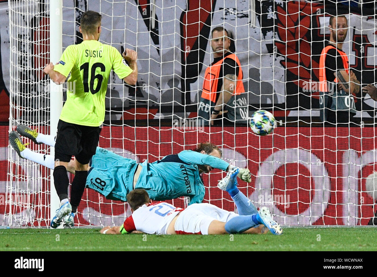 Sinobo Stadium, Prague. 28th Aug, 2019. From left MATEO SUSIC, goalie ...