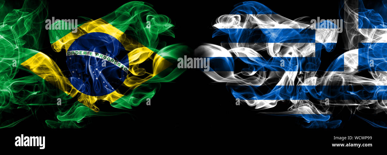 Brazil, Brazilian, Greece, Greek smoky mystical flags placed side by ...