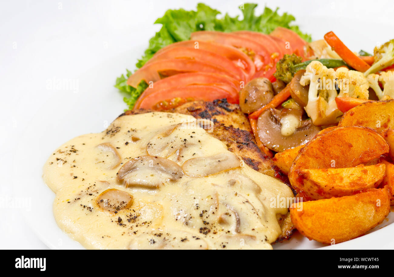 Peri peri Chicken with Button mushroom gravy, Saute Vegetables, Spicy ...