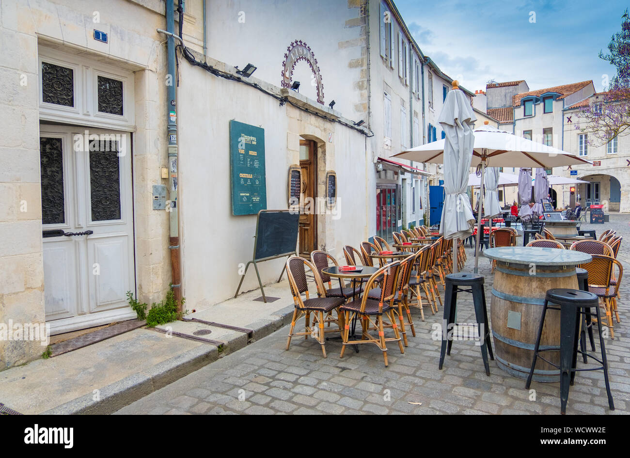 La Rochelle, France - May 07, 2019: View of a cobbled street and ...