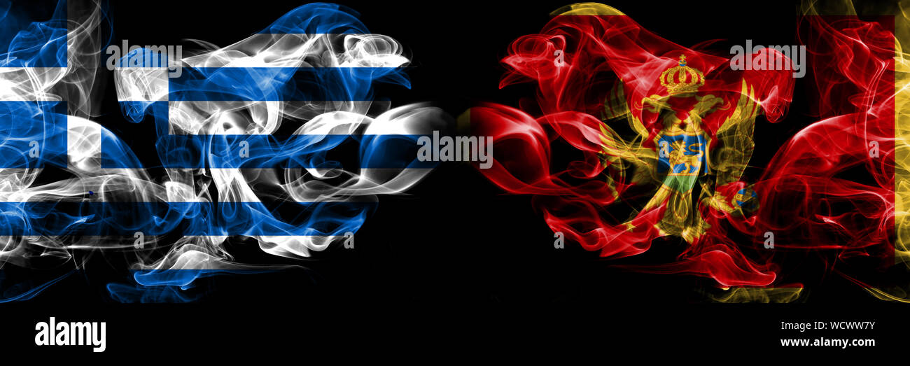 Greece, Greek, Montenegro, Montenegrin smoky mystical flags placed side ...