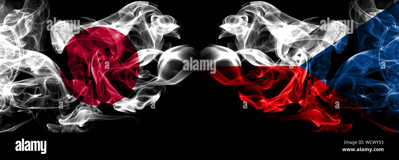 Japan, Japanese, Czech Republic, Czechia smoky mystical flags placed ...