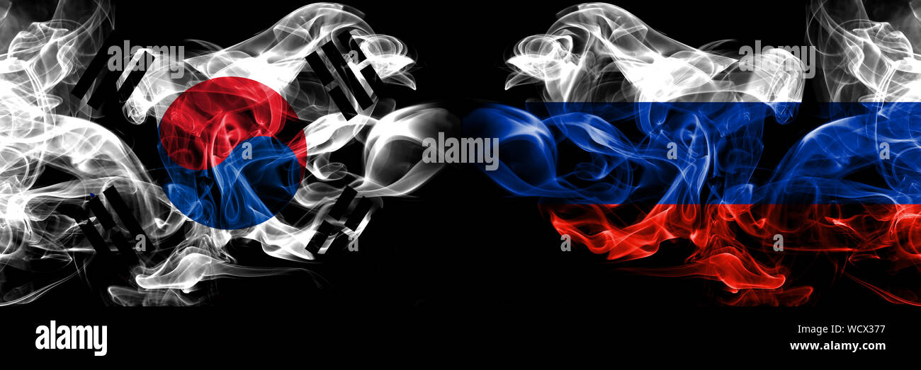 South Korea, Korean, Russia, Russian smoky mystical flags placed side ...