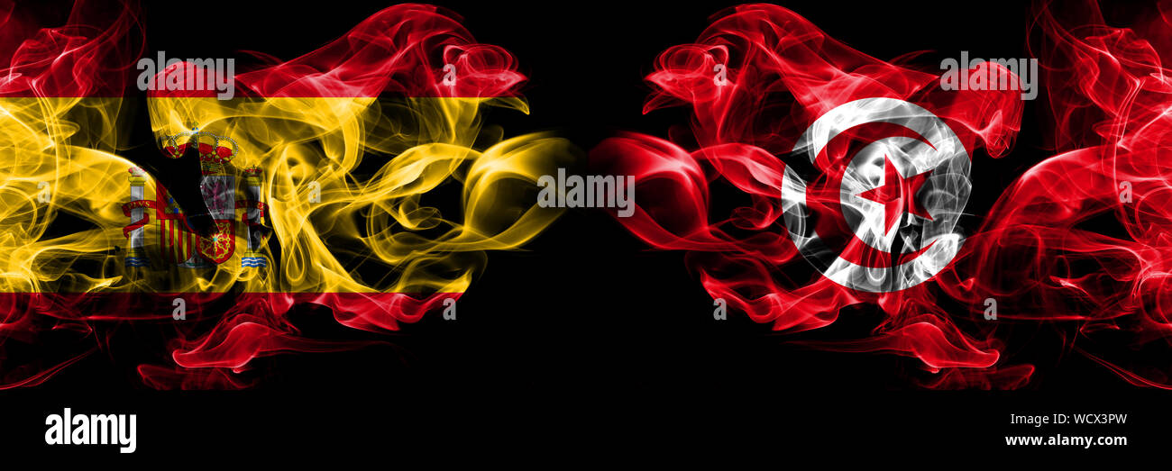 Spain, Spanish, Tunisia, Tunisian smoky mystical flags placed side by ...