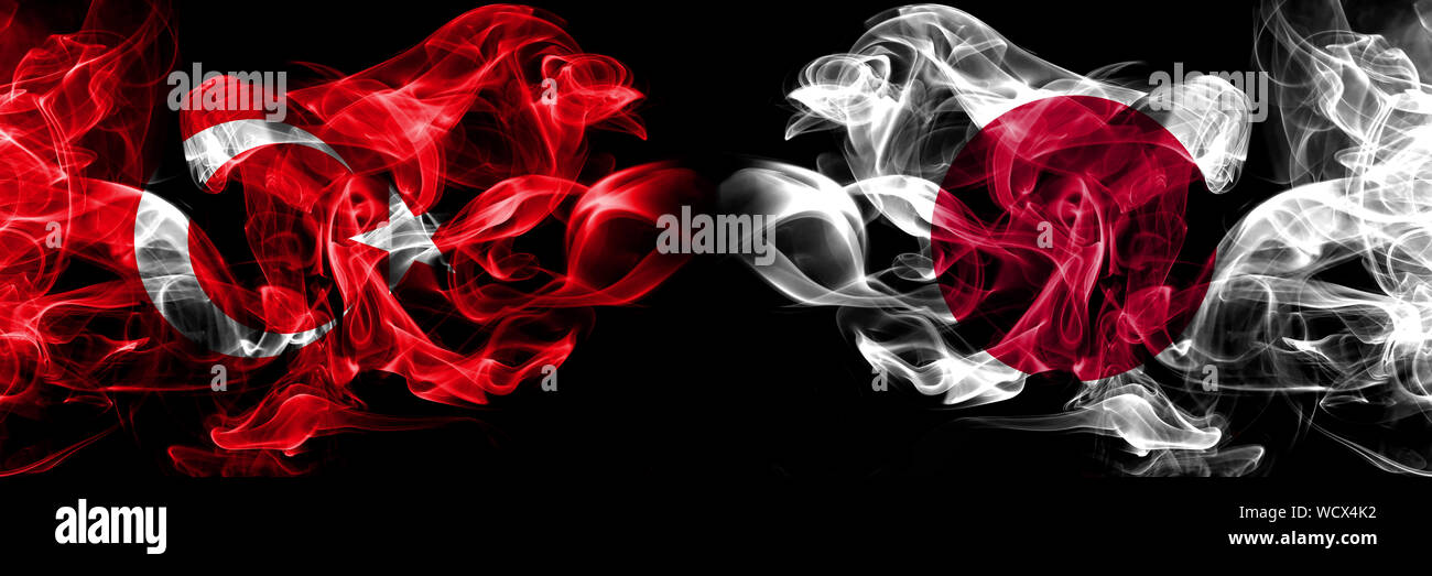 Turkey, Turkish, Japan, Japanese smoky mystical flags placed side by ...