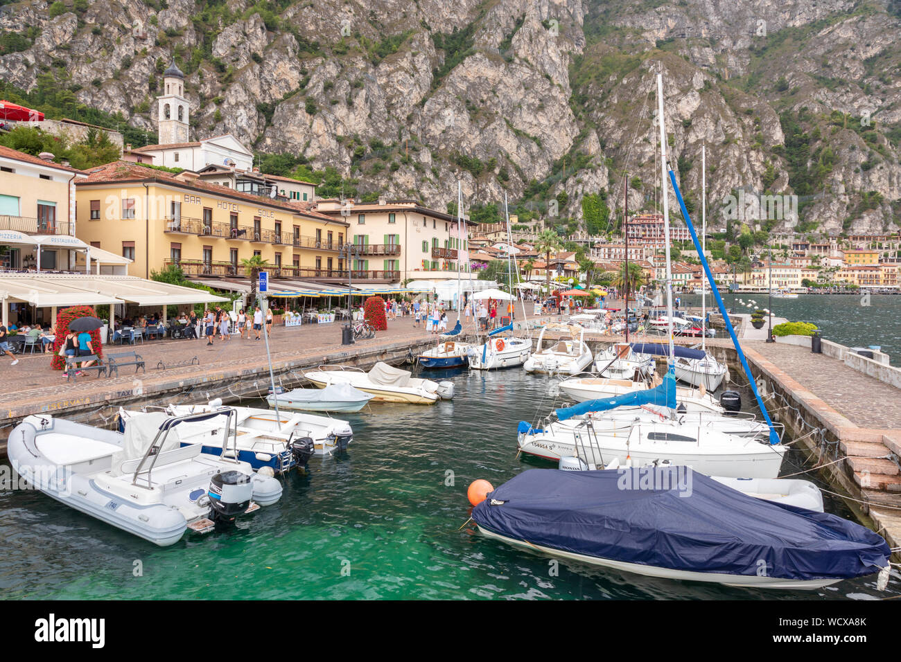 Limone on Lake Garda new harbour with moored yachts, ribs and ...