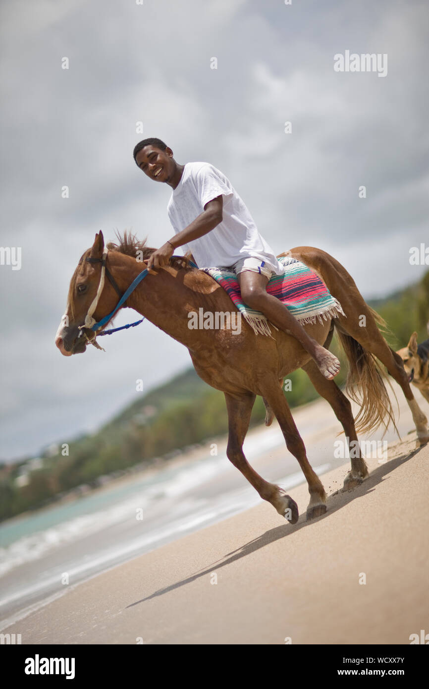 Portrait of a smiling teenage boy riding a brown horse barefoot along ...