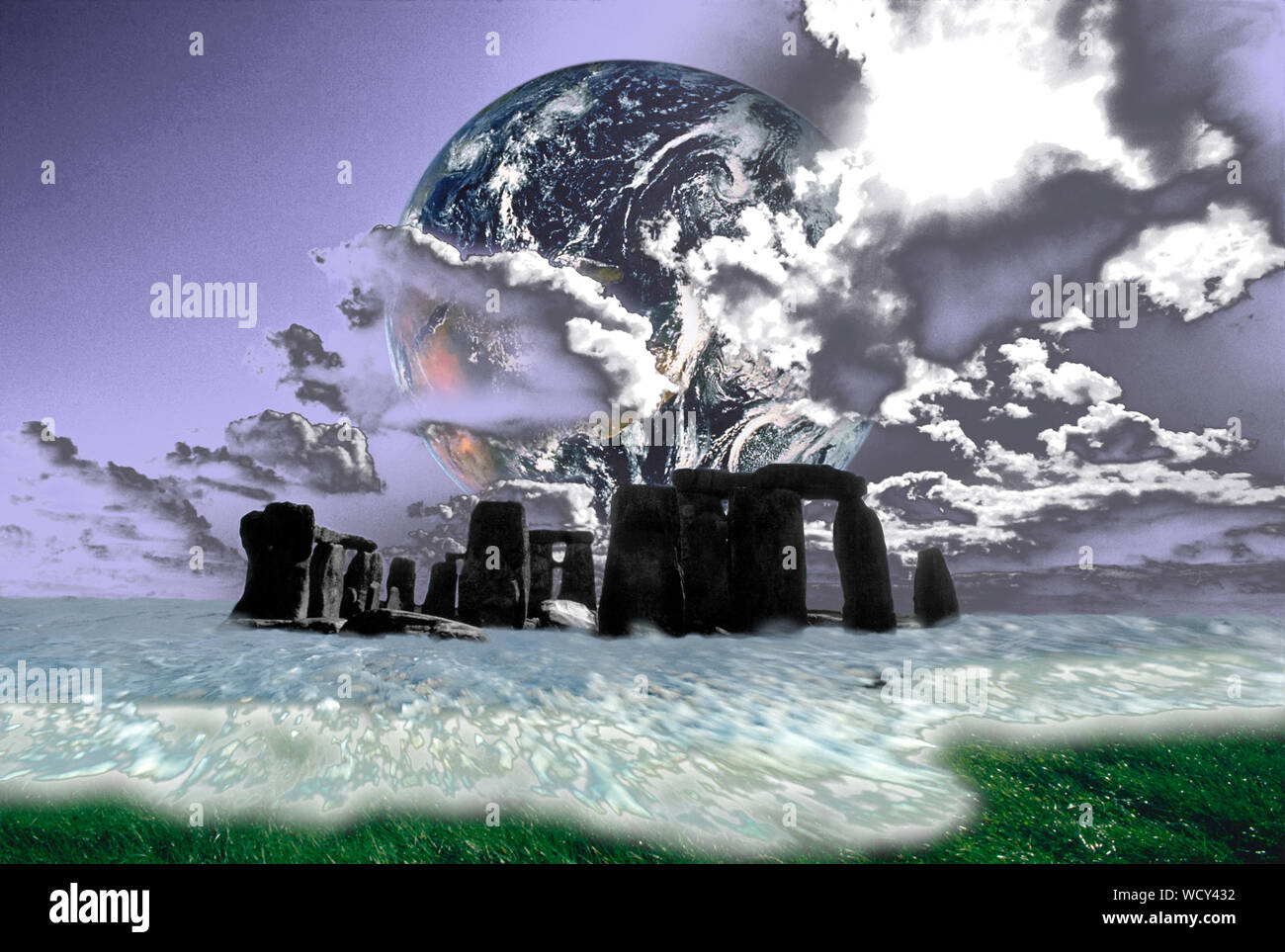 Digitally manipulated image of the earth rising over Stonehenge with ...