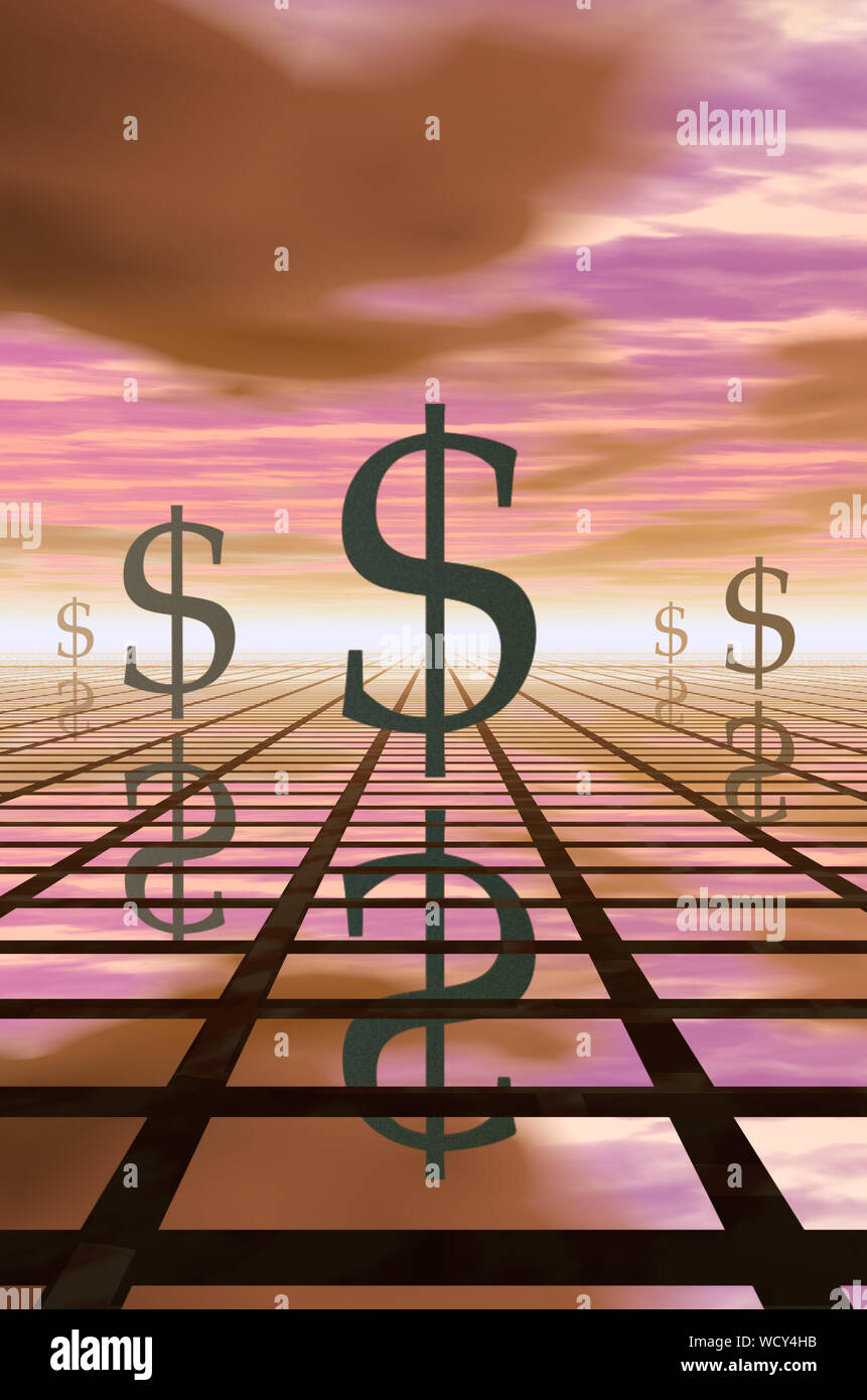 3d rendering of $ dollar signs floating over mirrired panels reflection ...