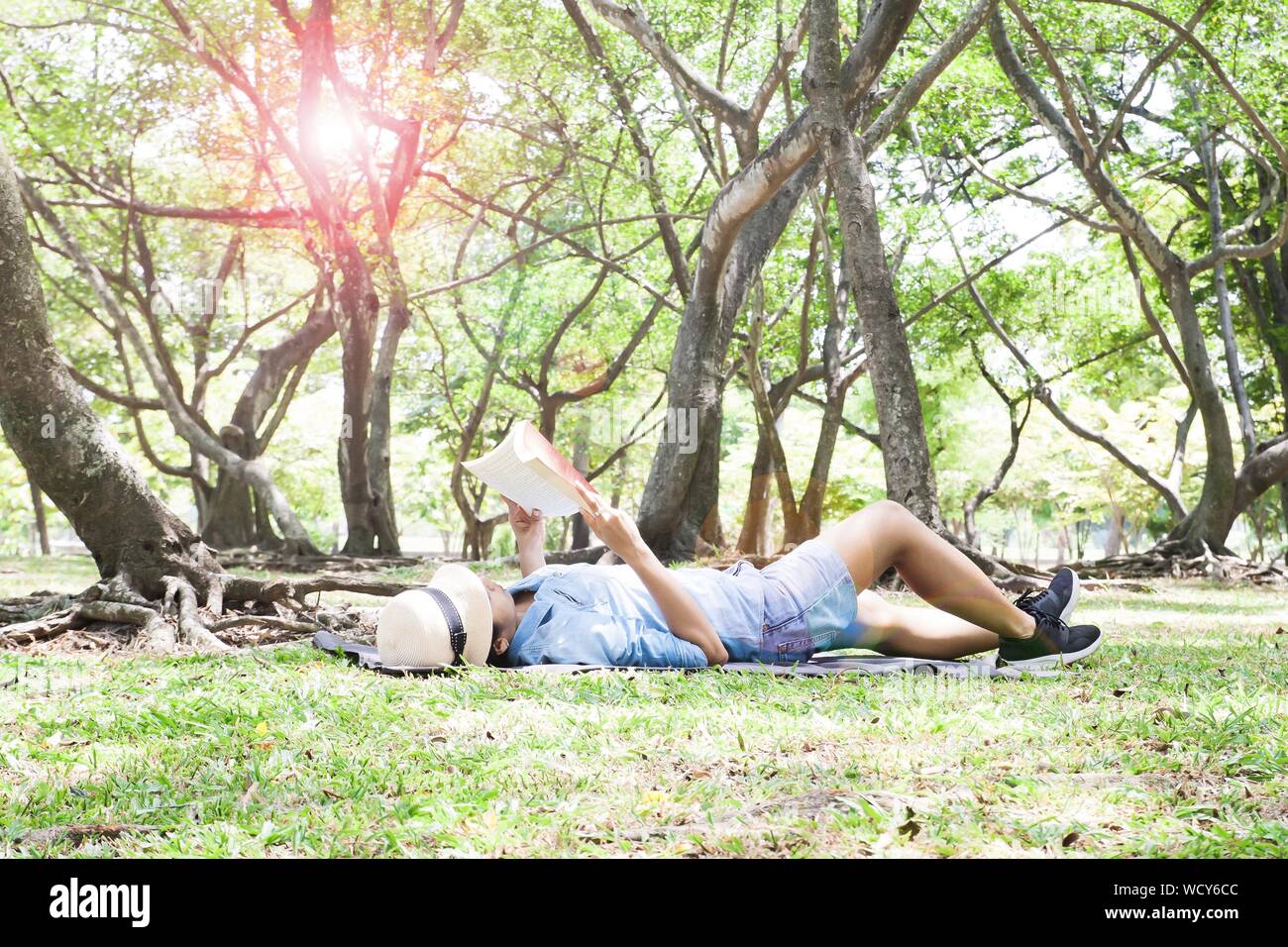 Woman Lying In Field Reading Book High Resolution Stock Photography and ...