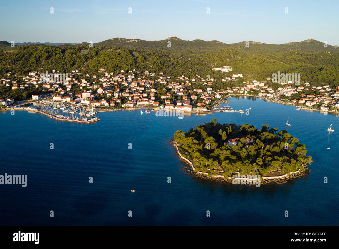 Aerial view of Galevac islet and Preko town, Ugljan island, Croatia ...