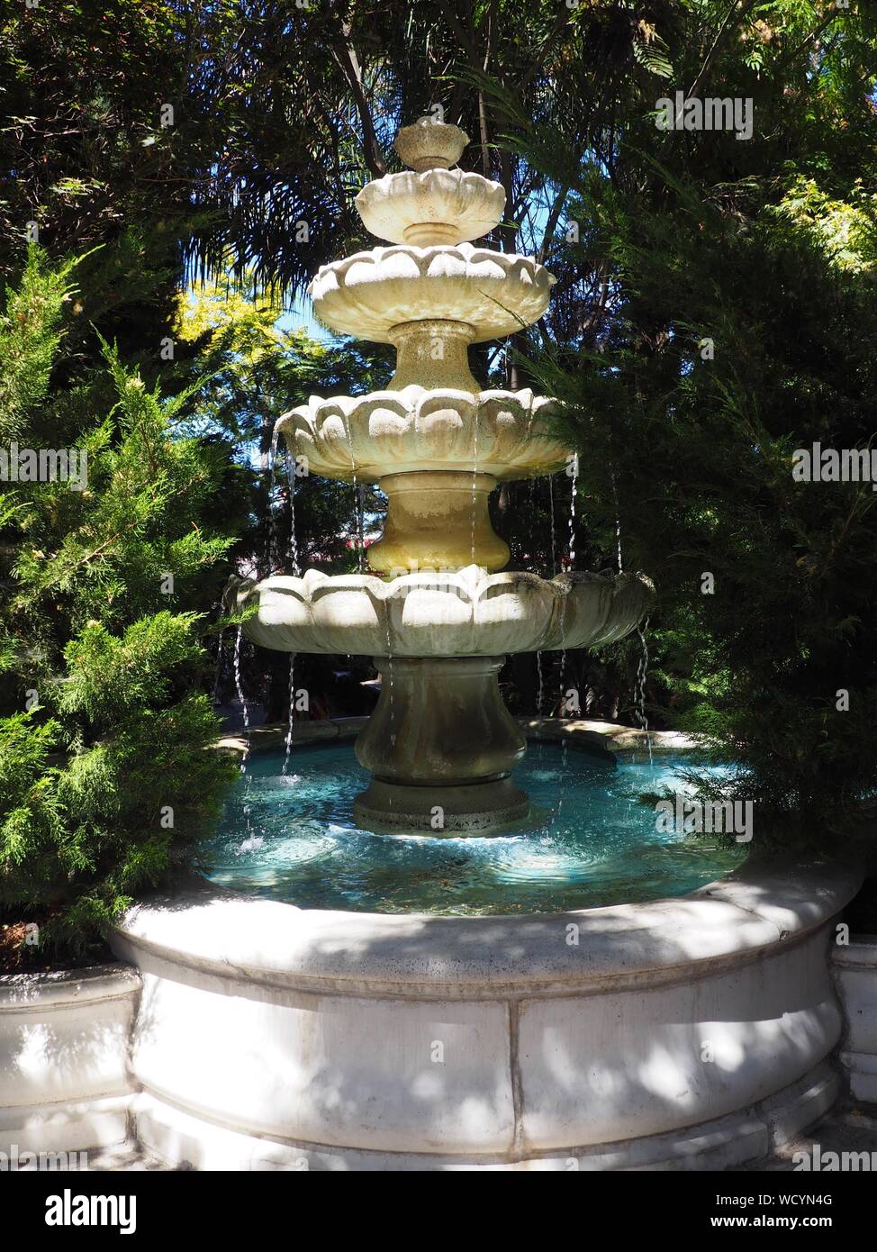 Multi tiered fountain with sun dappled water in lush green urban ...