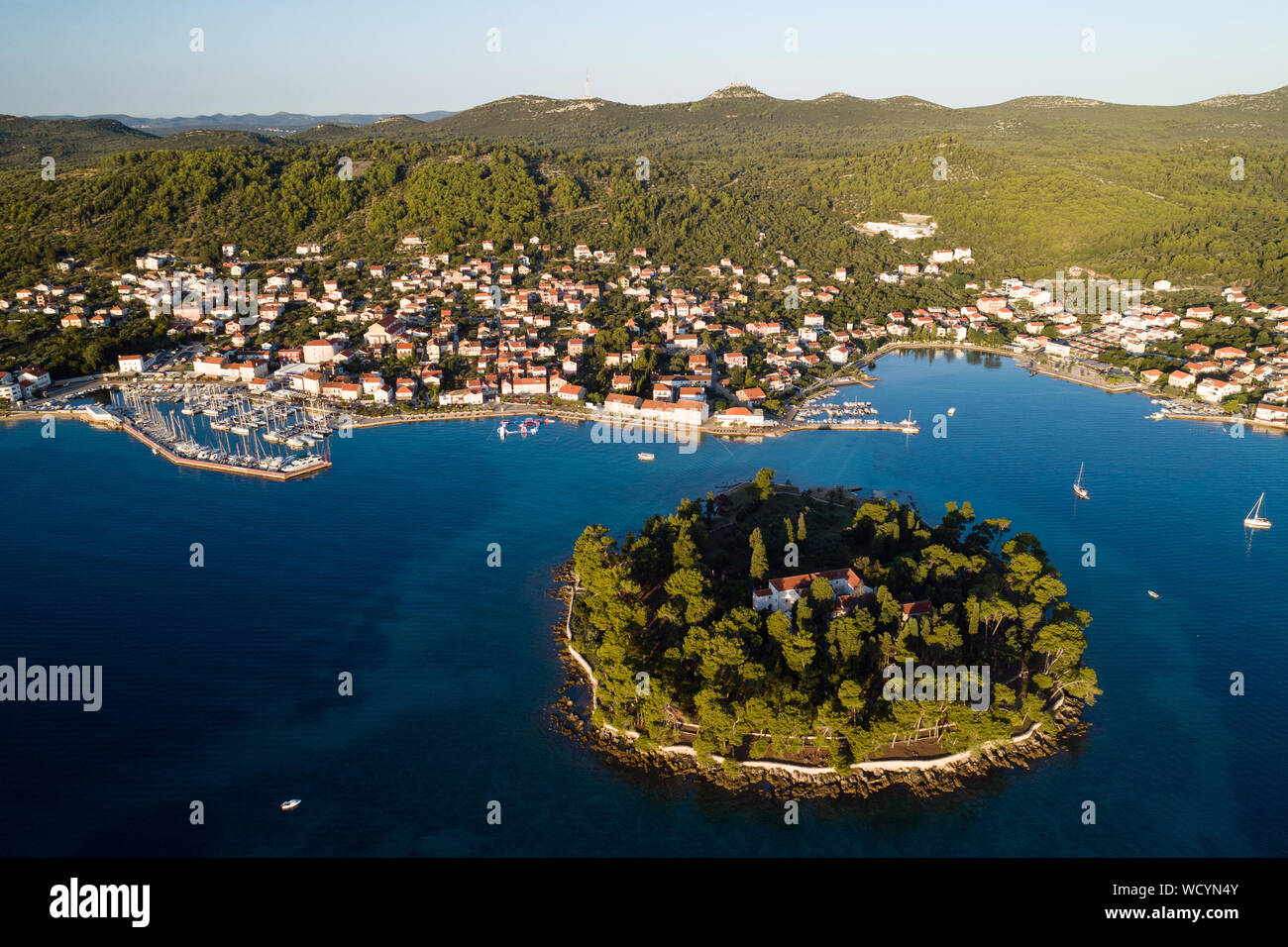 Aerial view of Galevac islet and Preko town, Ugljan island, Croatia ...