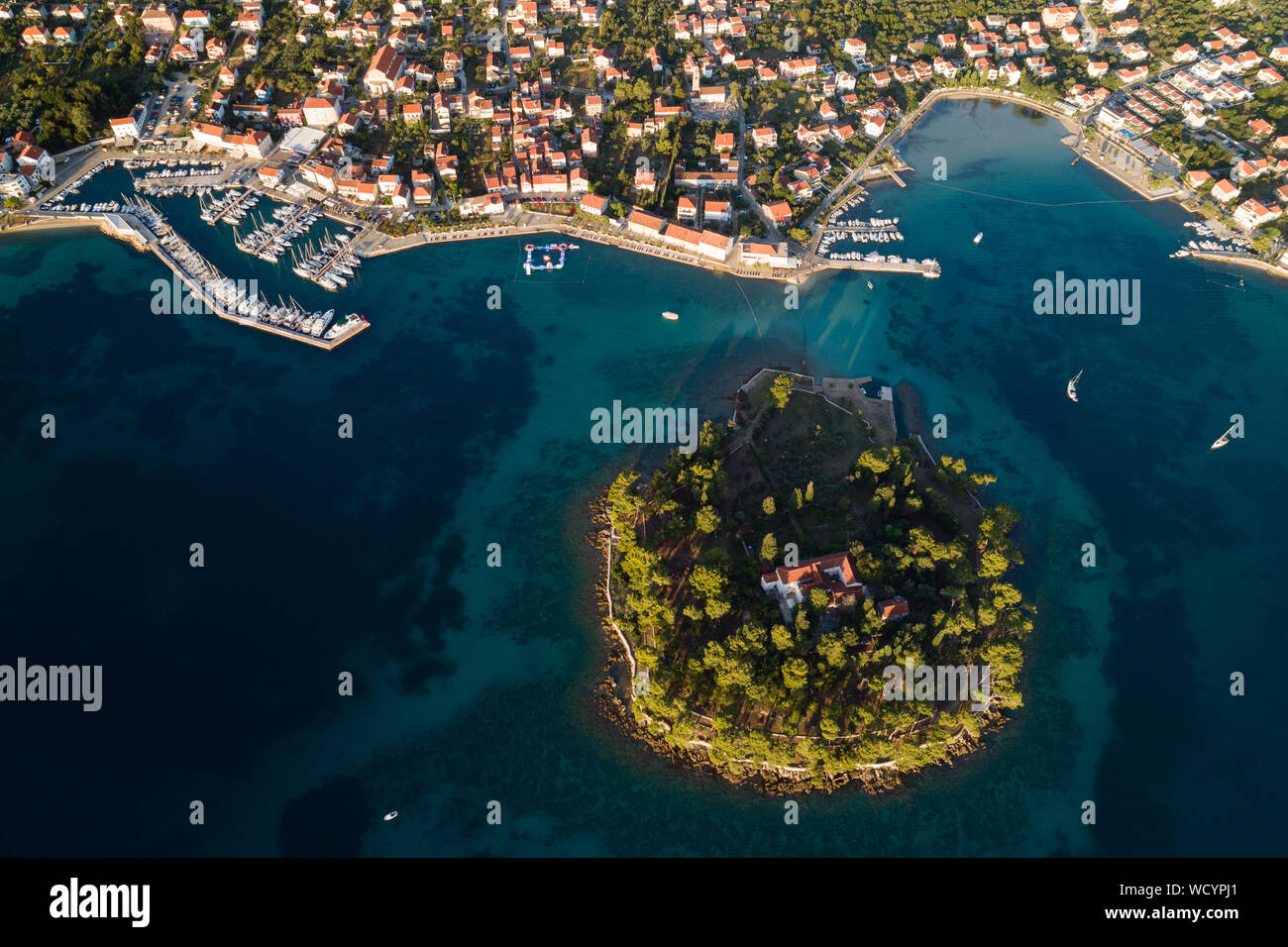 Aerial view of Galevac islet and Preko town, Ugljan island, Croatia ...
