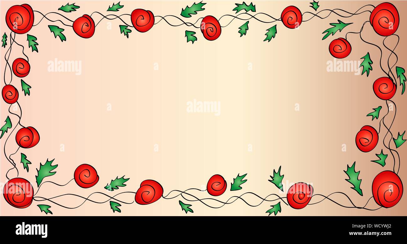 Rectangular frame of creeping red roses on a pink background Stock ...