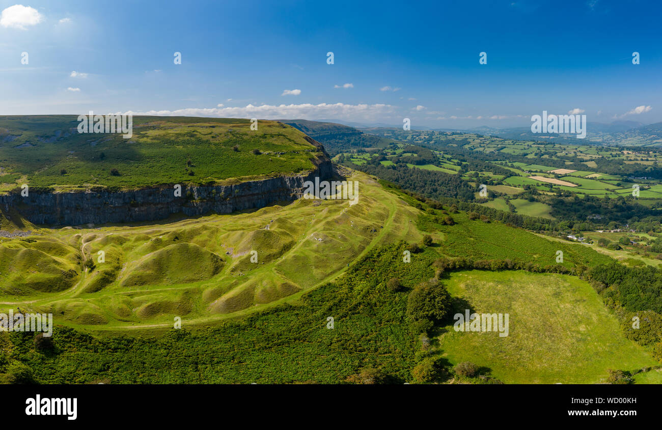 Aerial panorama of the limestone cliffs at Llangattock in the Brecon ...