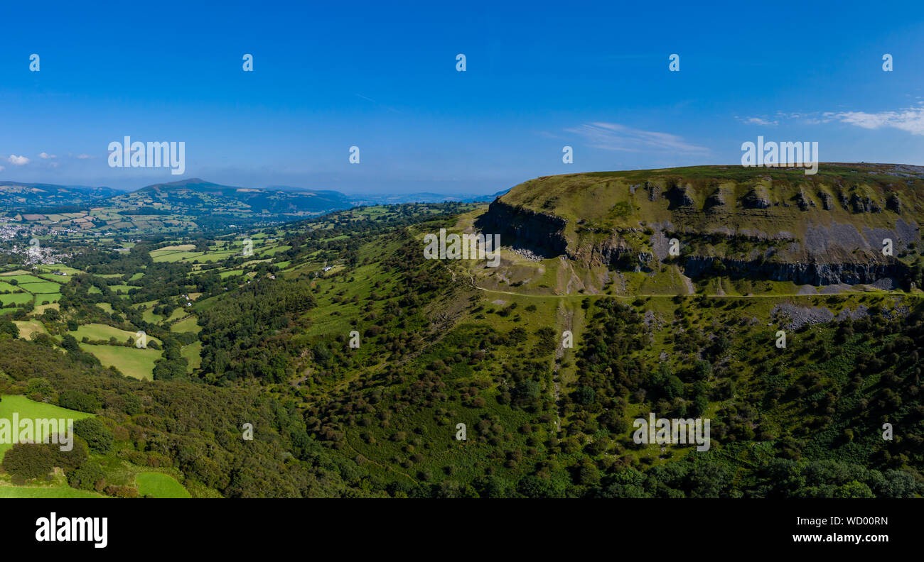 Aerial panorama of the limestone cliffs at Llangattock in the Brecon ...
