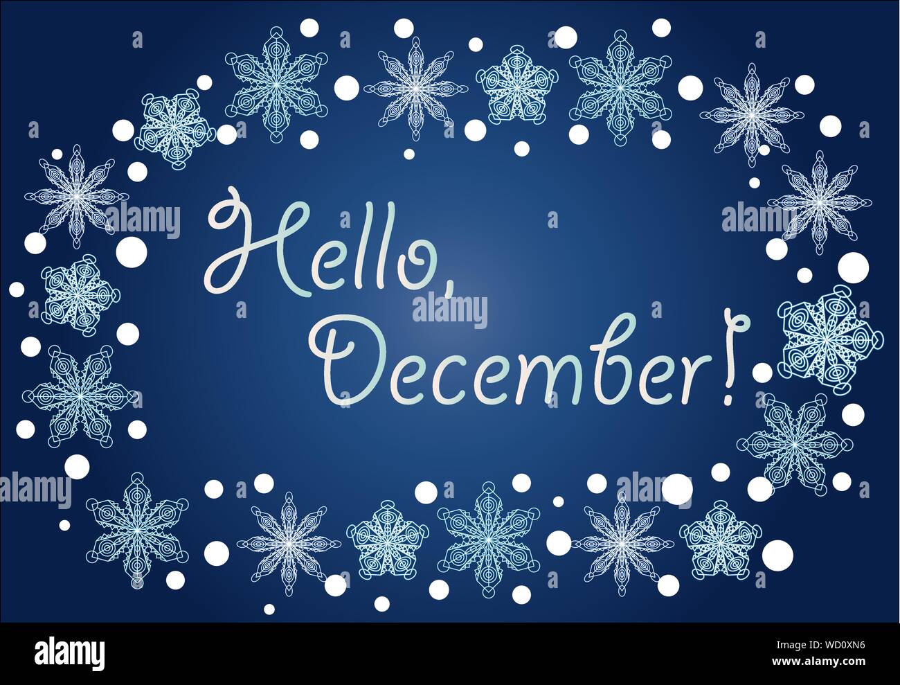 Inscription Hello, December in a frame of snowflakes on a blue ...