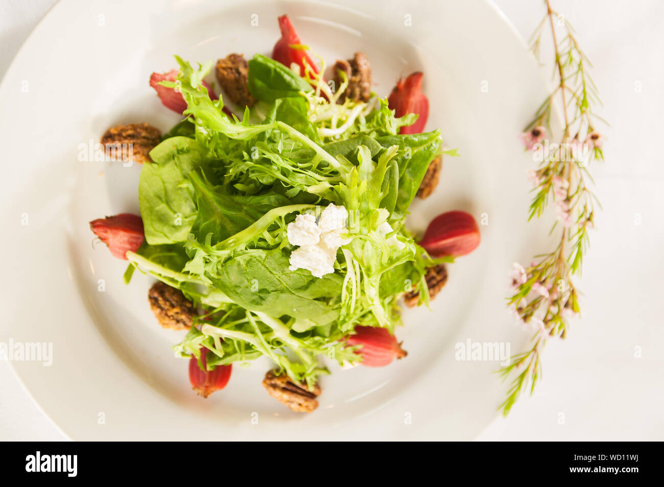 Fancy healthy salad on a white plate in a fancy restaurant setting ...