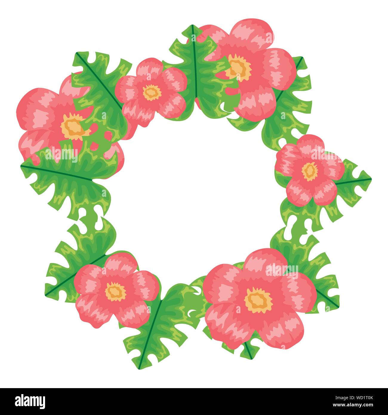 exotic and tropical flowers with leafs circular frame vector ...