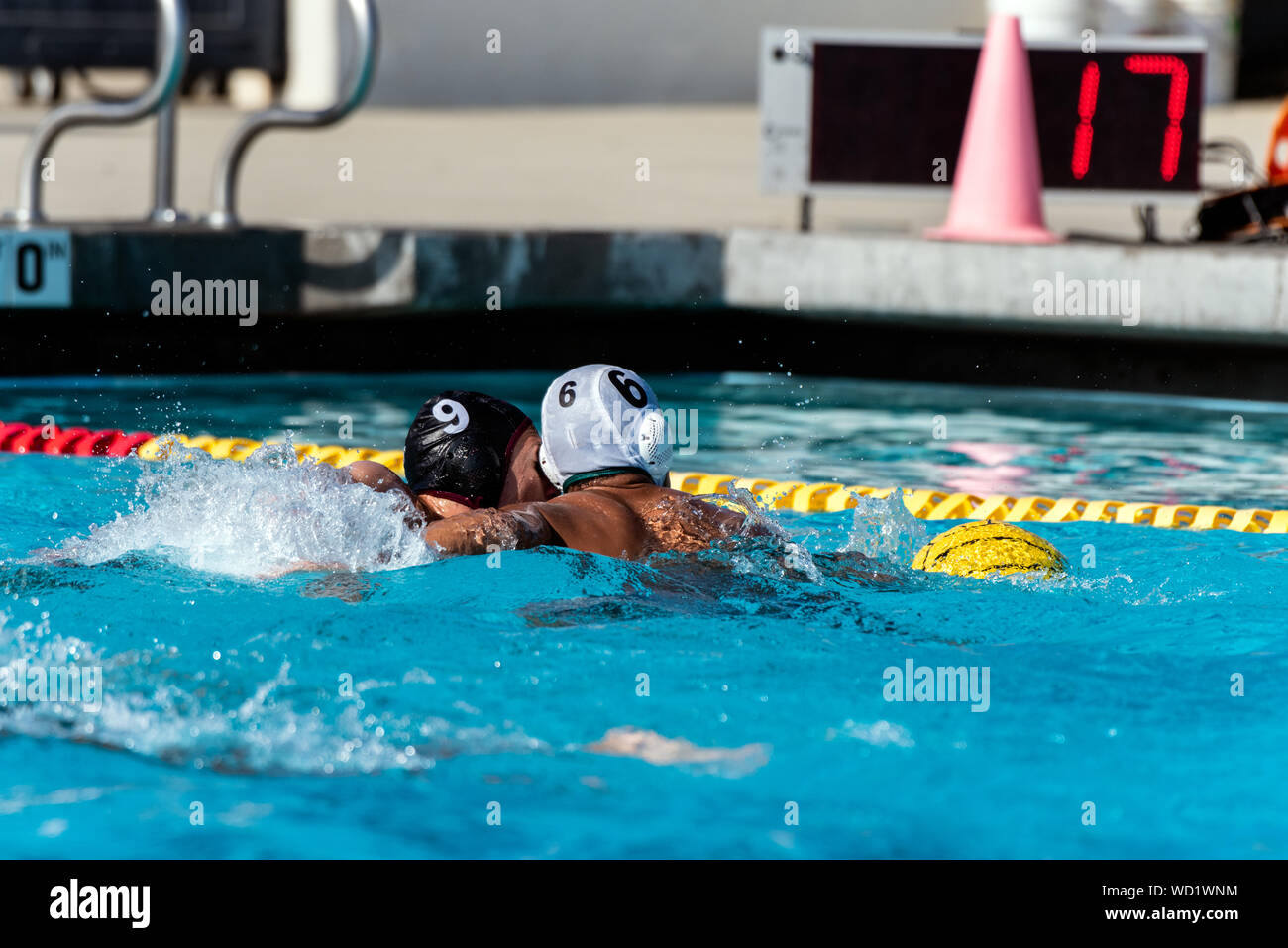 Water polo players in black and white uniforms battle in the pool for ...