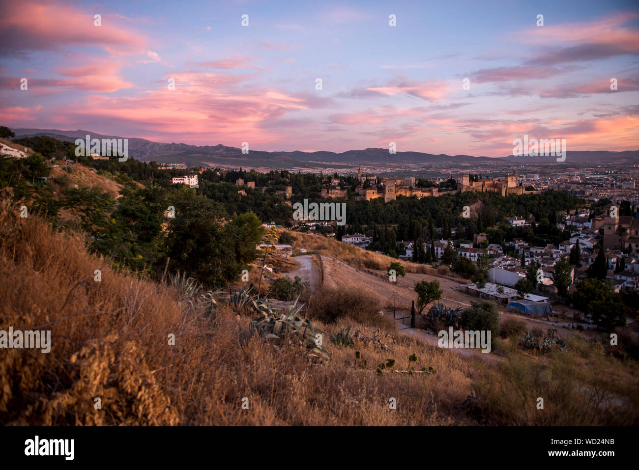 Alhambra monument seen from a hill of the Sacromonte neighbourhood in ...