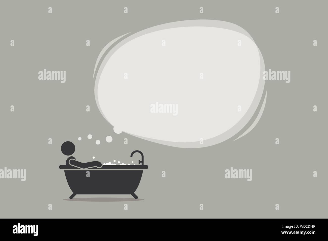 Thinking man taking a bath in the bathtub with a big empty bubble cloud ...