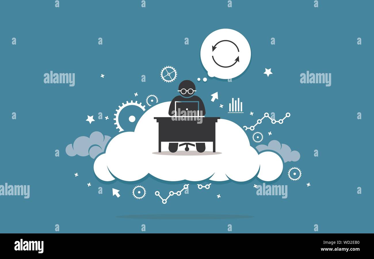 Man Working With Computer On The Cloud Vector Artwork Depicts Cloud