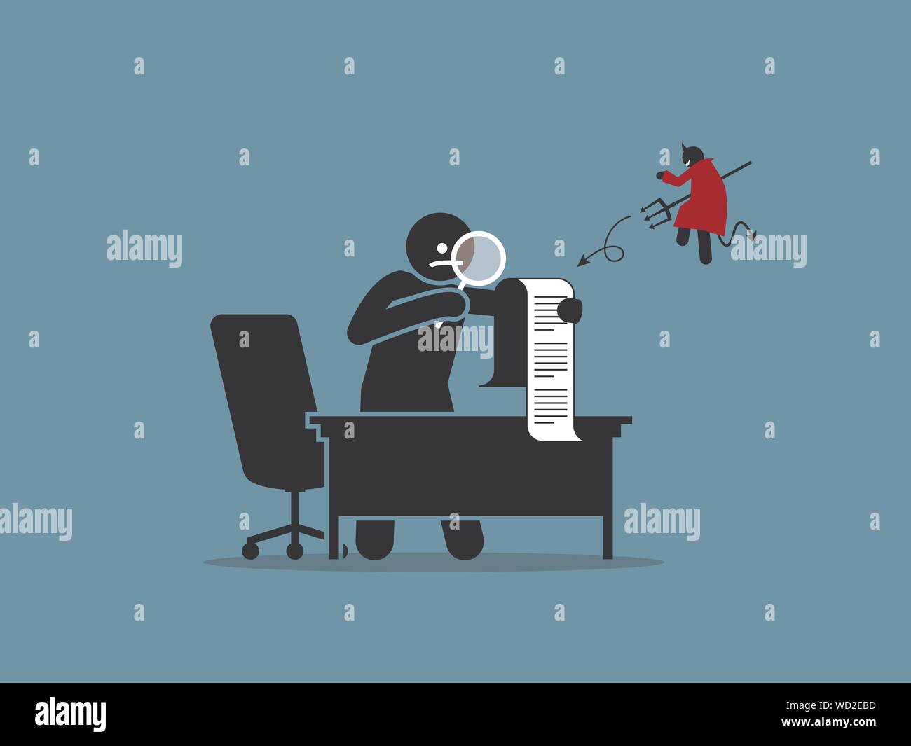 The devil is in the details. Vector artwork showing a man checking a ...