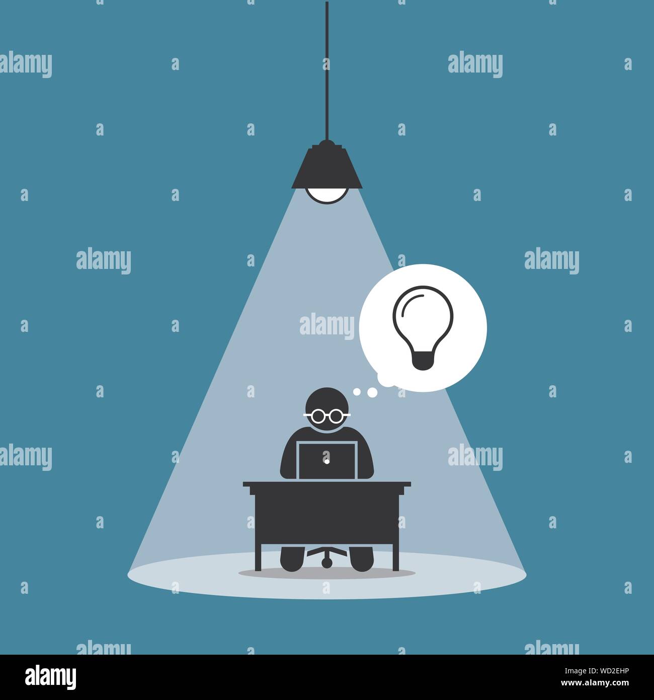 Stick figure man concentrating and focusing on his computer work and ...