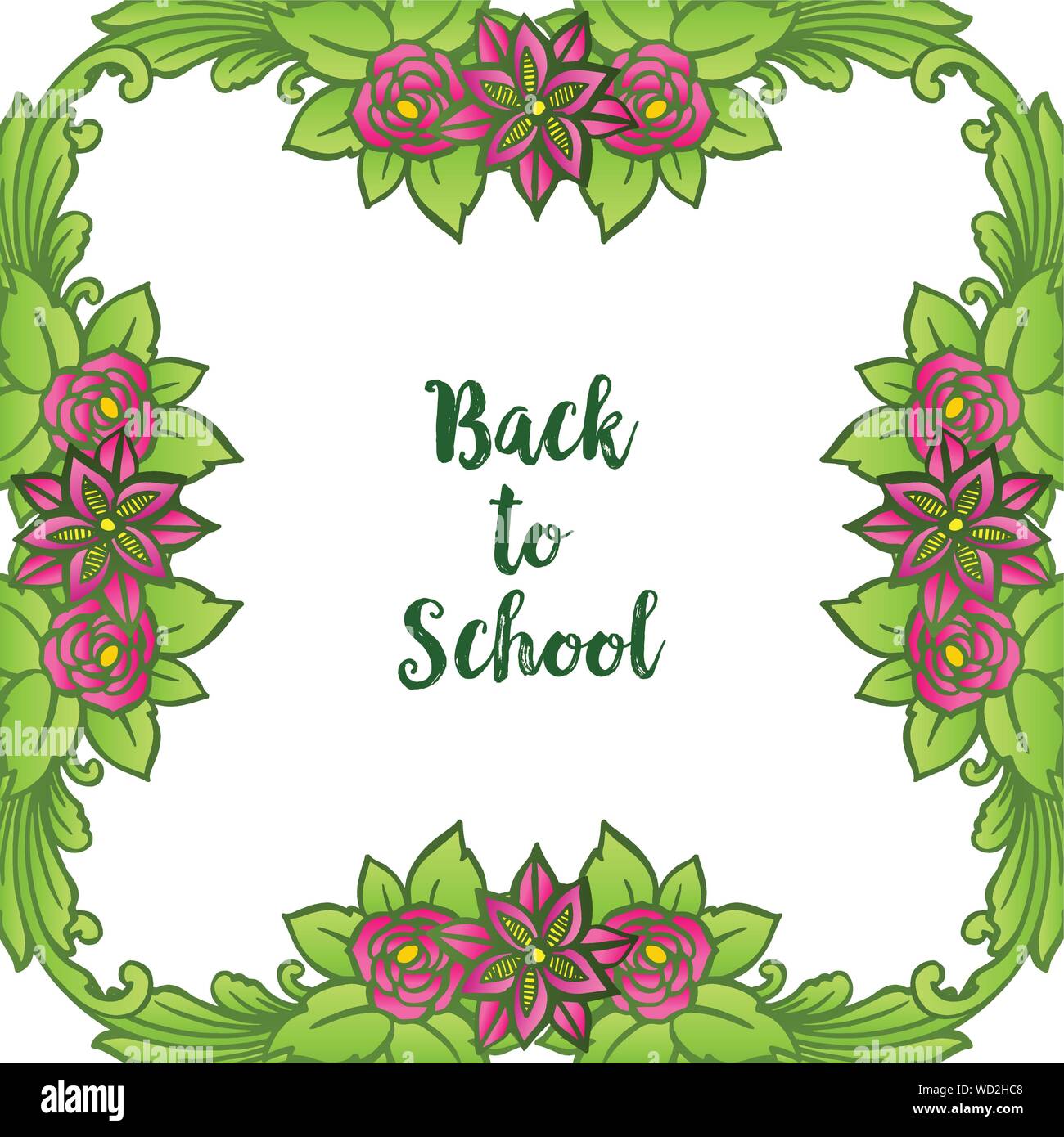 Bright green leaves and rose flower frame, template for poster back to ...