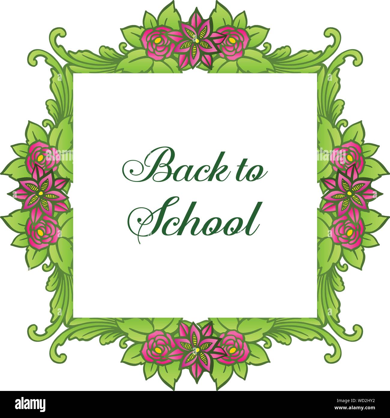 Bright green leaves and rose flower frame, template for poster back to ...