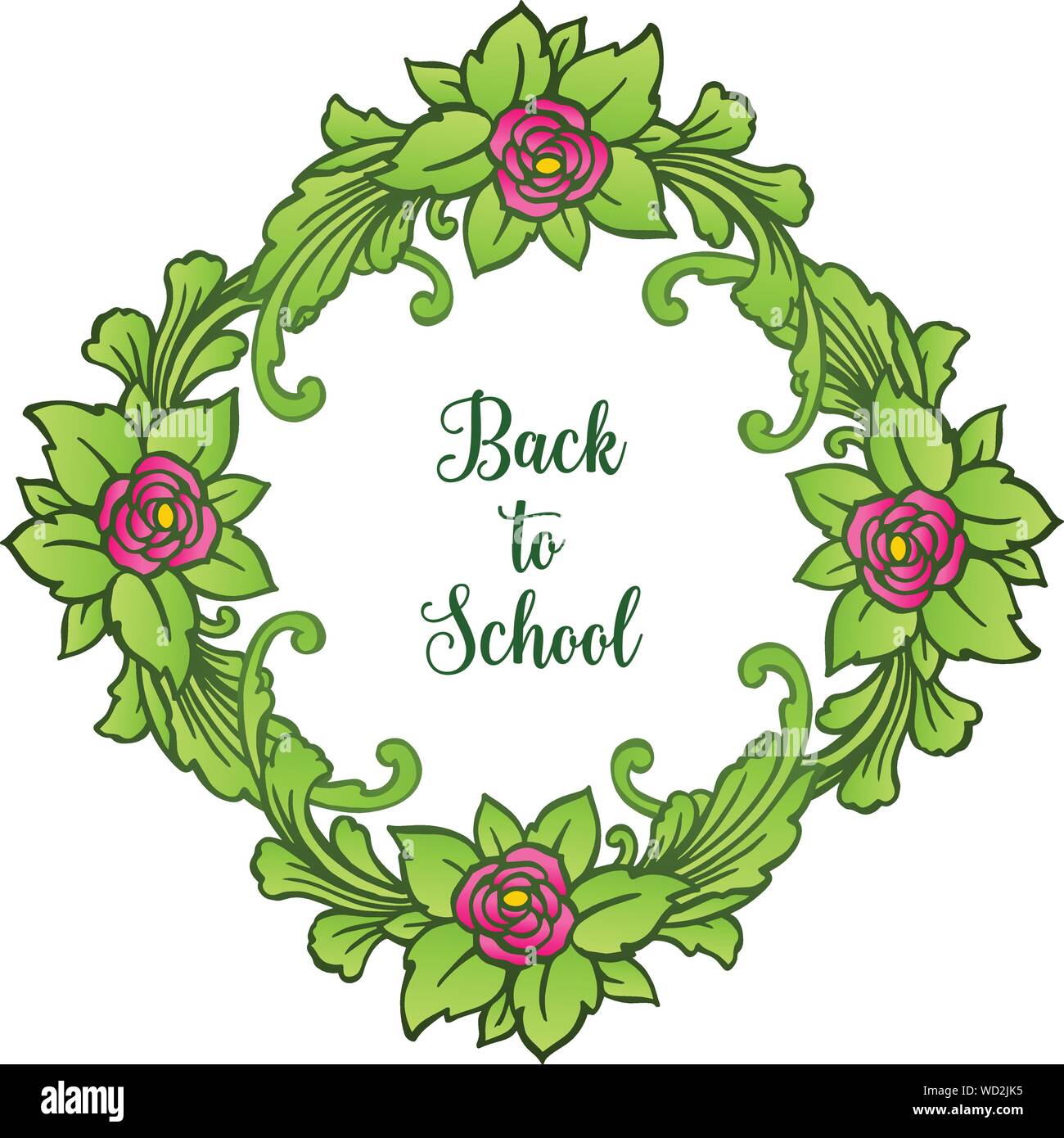 Bright green leaves and rose flower frame, template for poster back to ...