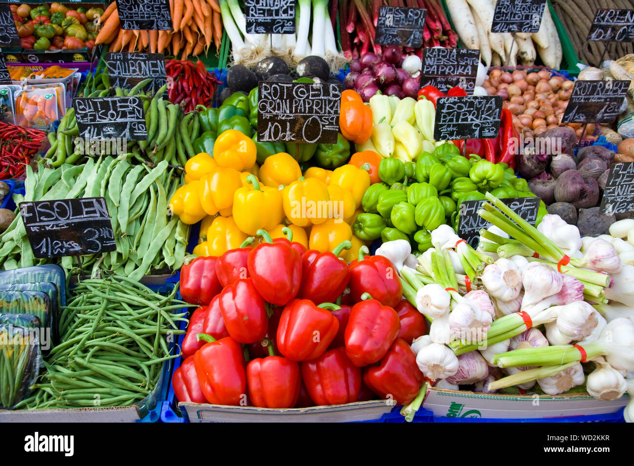 Vegetables displayed on stall at the popular Naschmarkt open air market ...