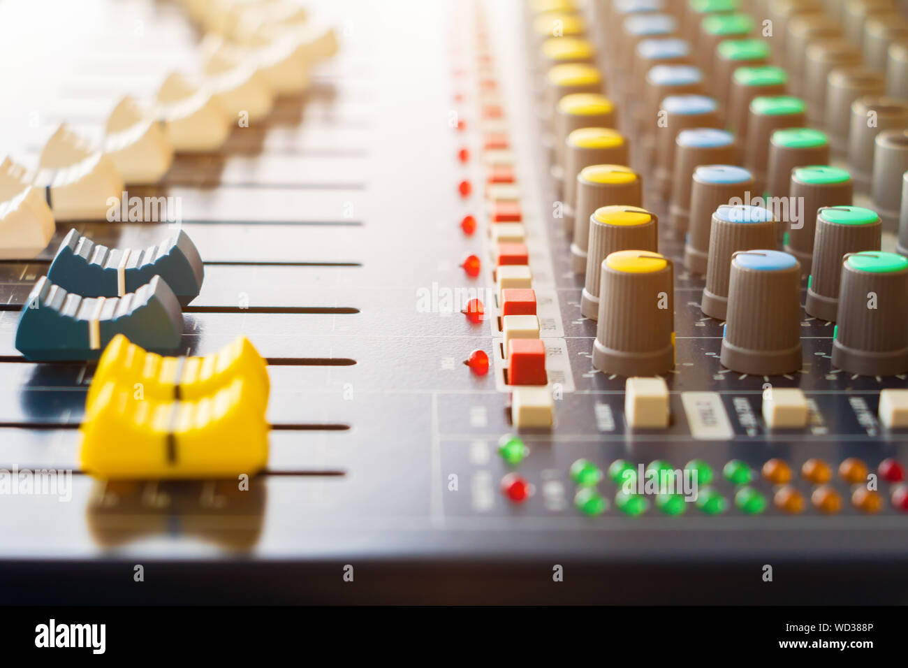 Close up Faders of sound mixer Volume adjusting knobs controller in ...