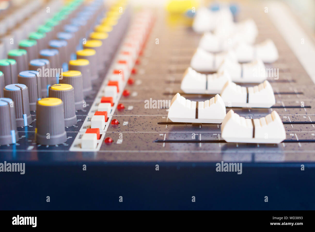 Close up fader of sound mixer old Volume adjusting knobs controller in ...