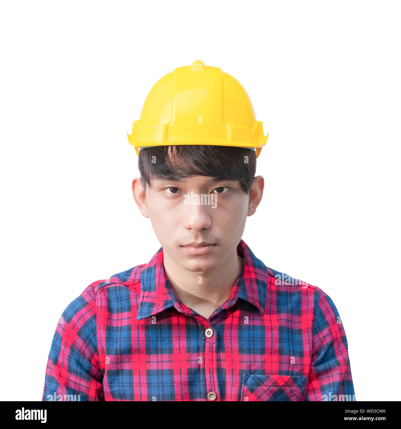 Engineer construction and wear yellow safety helmet plastic on white ...
