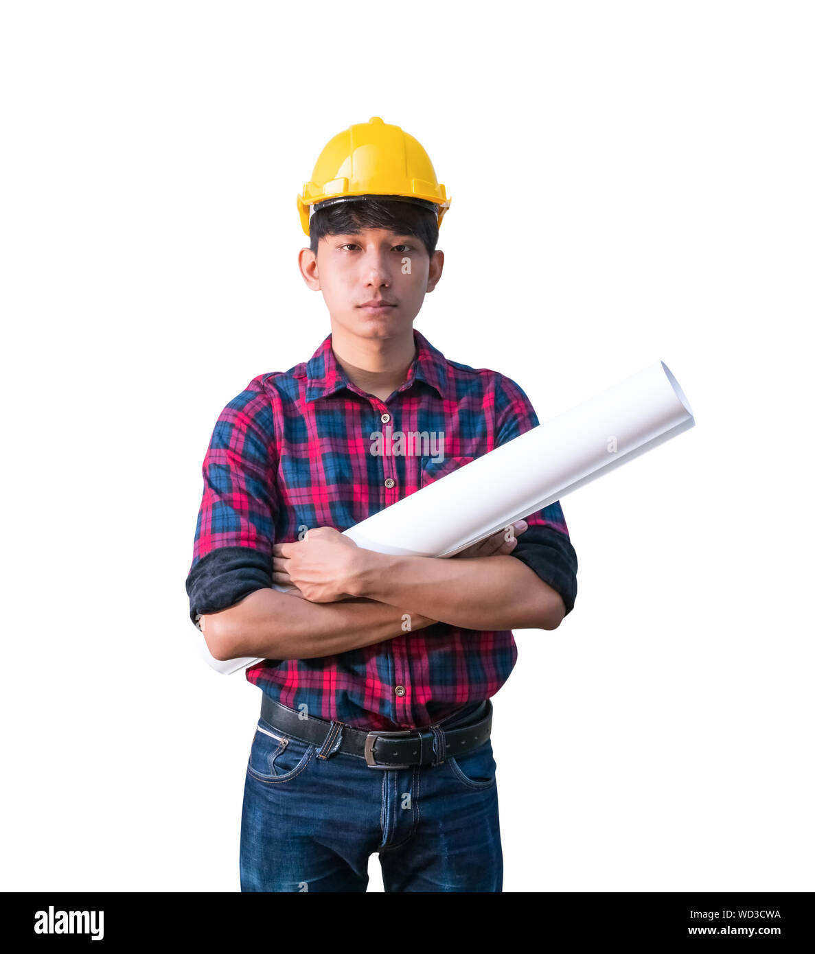 Engineer holding rolled blueprints construction arm cross on chest and ...