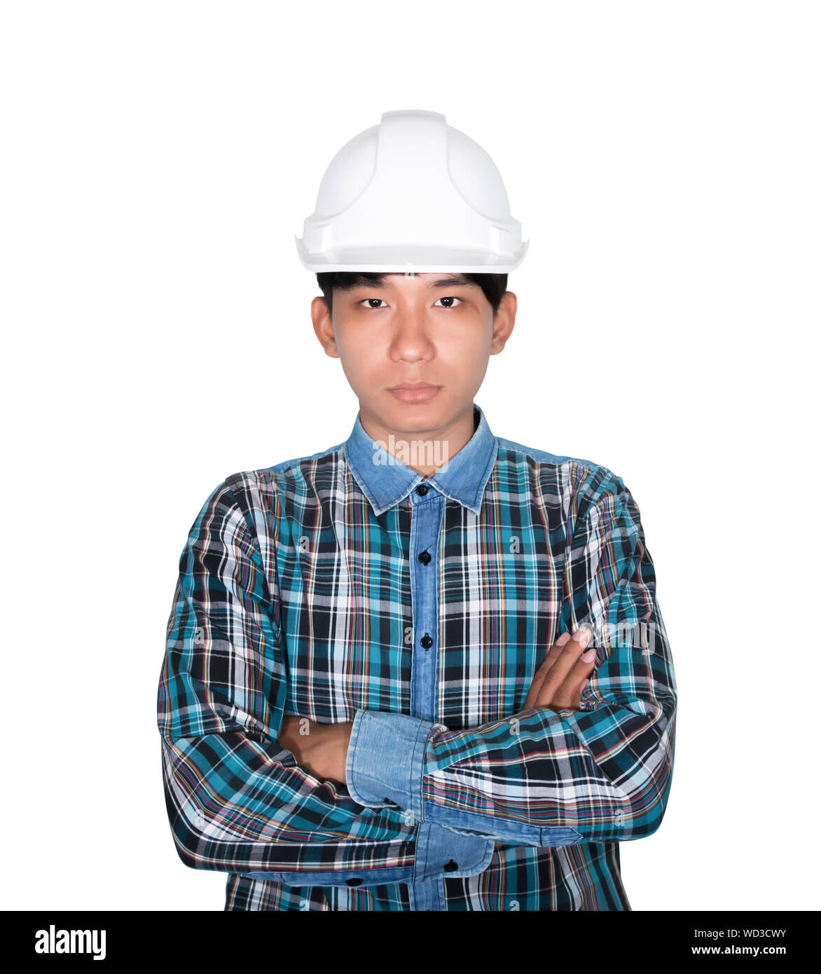 Engineer construction arm cross on chest and head wear white safety ...